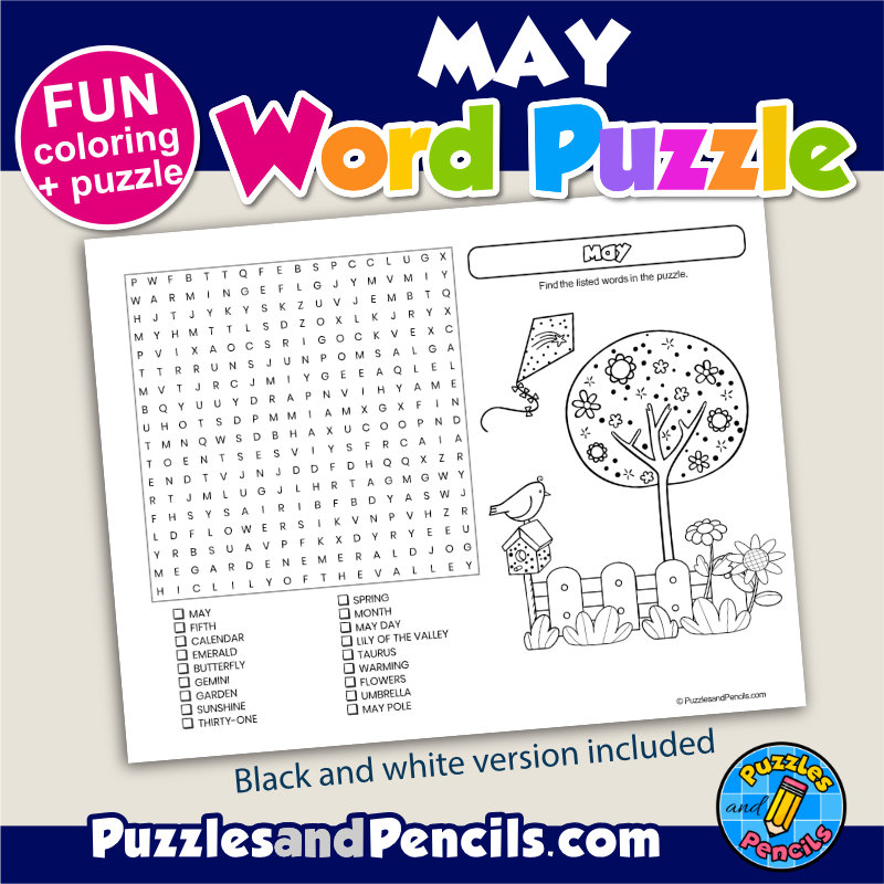 May Word Search Puzzle Activity Page and Coloring | May Wordsearch ...