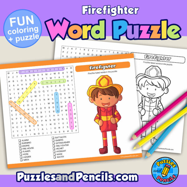 Firefighter Word Search Puzzle Activity Page and Coloring | Career ...