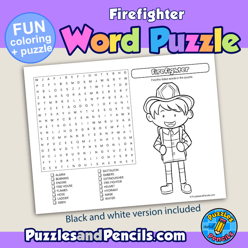 Firefighter Word Search Puzzle Activity Page and Coloring | Career ...