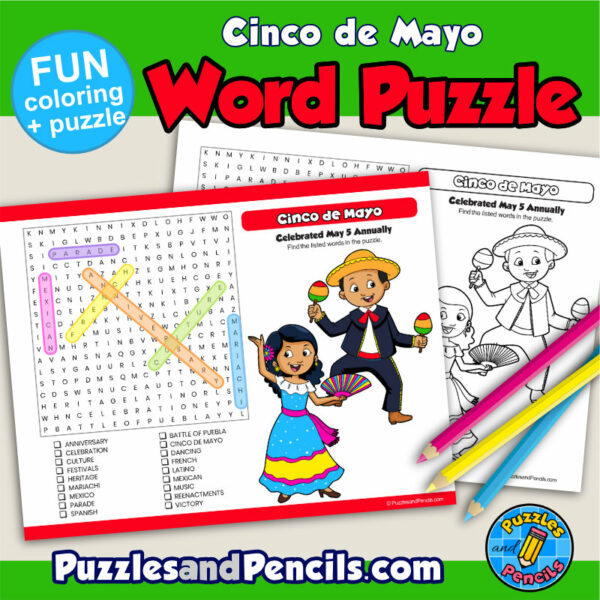 Cinco de Mayo Word Search Puzzle Activity Page and Coloring | Hispanic ...