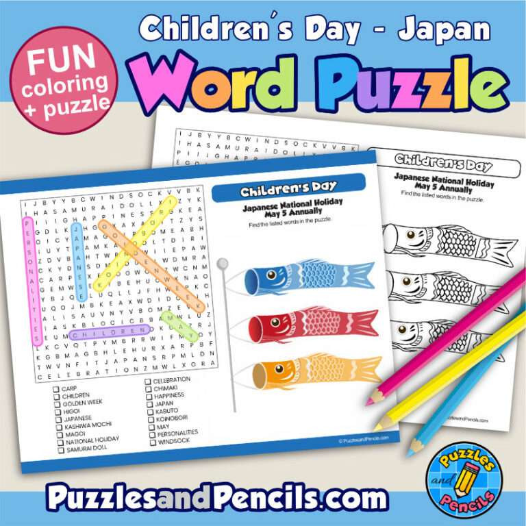 Japan Children's Day Word Search Puzzle Activity Page and Coloring ...