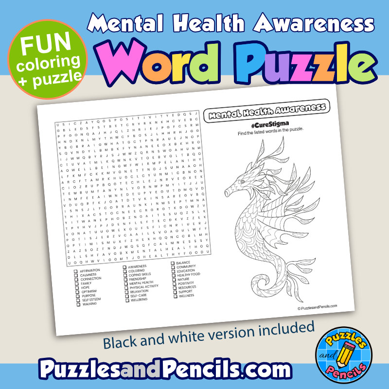 Mental Health Awareness Word Search Puzzle Activity Page and Coloring ...