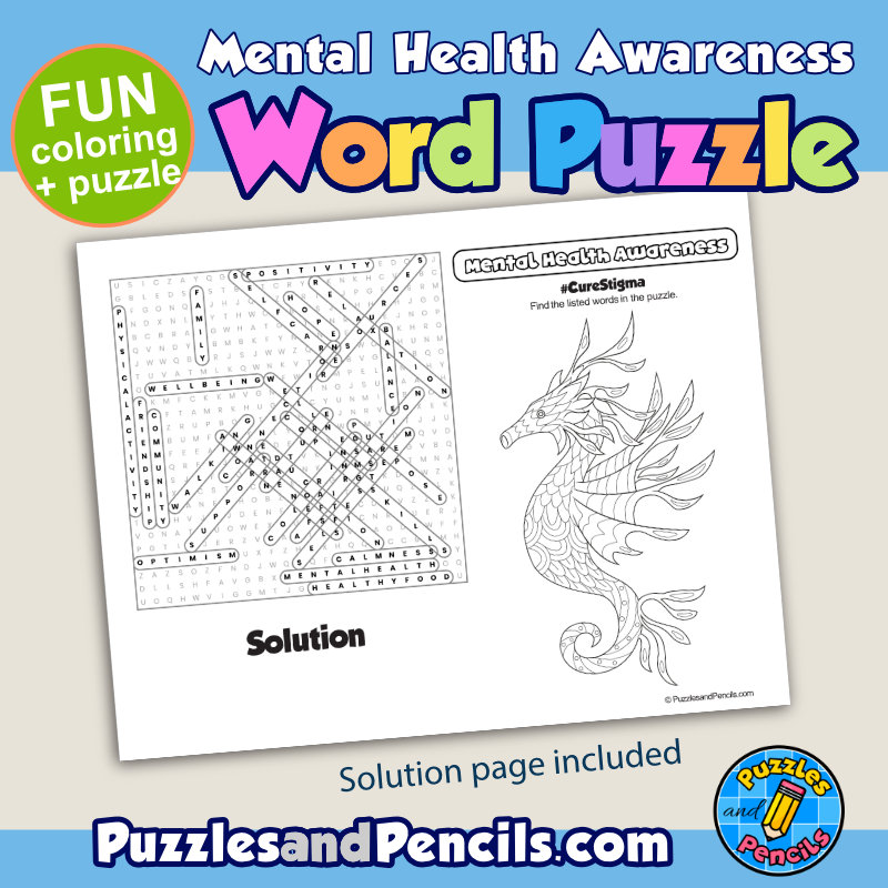 Mental Health Awareness Word Search Puzzle Activity Page and Coloring ...