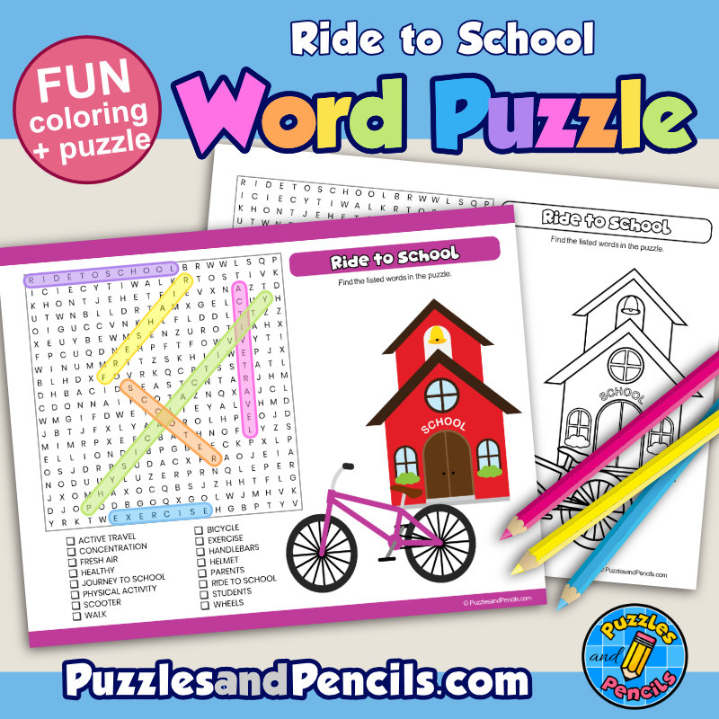 Ride to School Word Search Puzzle Activity Page and Coloring ...