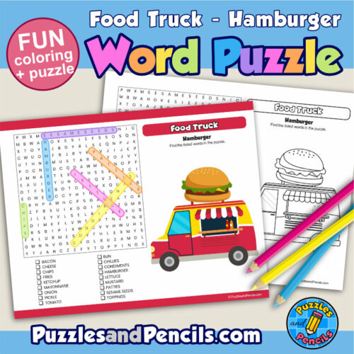 Hamburger Word Search Puzzle Activity Page and Coloring | Food Truck ...