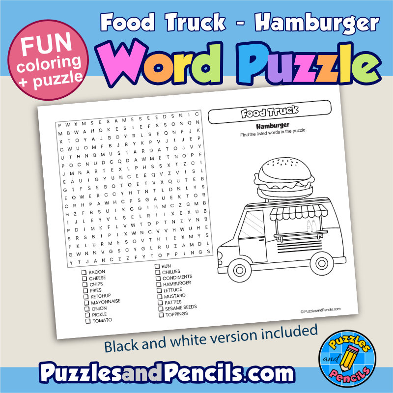 Hamburger Word Search Puzzle Activity Page and Coloring | Food Truck ...