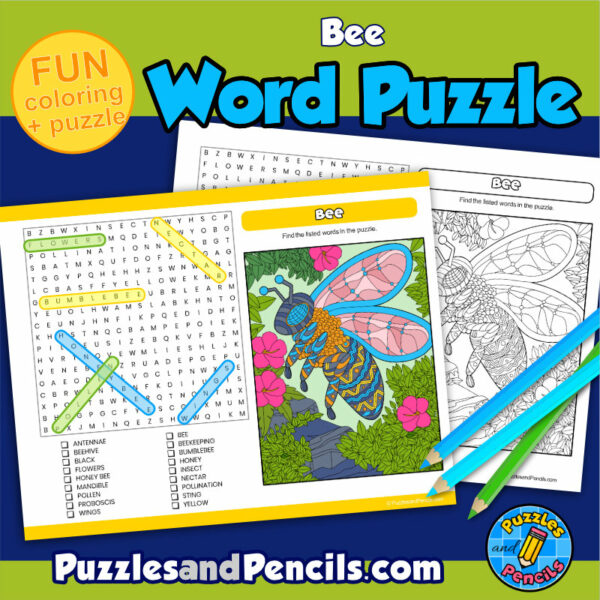 Bee Word Search Puzzle Activity Page and Coloring | Insect Wordsearch ...