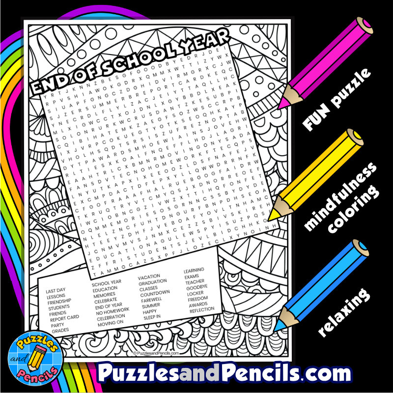 End of School Year Word Search Puzzle Activity Page with Coloring ...