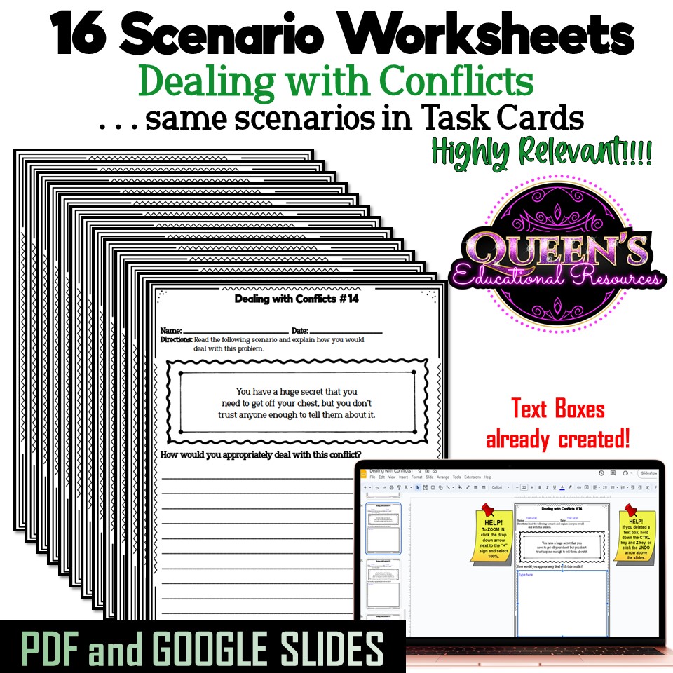Dealing with Conflicts Scenario Task Cards and Worksheets, Conflict ...