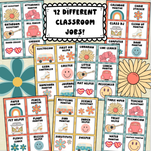 Classroom Jobs Helpers Chart Labels Signs Groovy Retro Vibes Theme ...