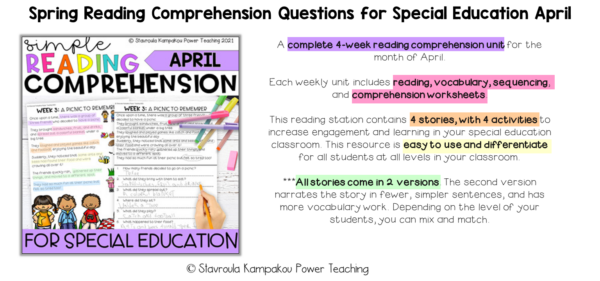 Spring Reading Comprehension Questions for Special Education April ...