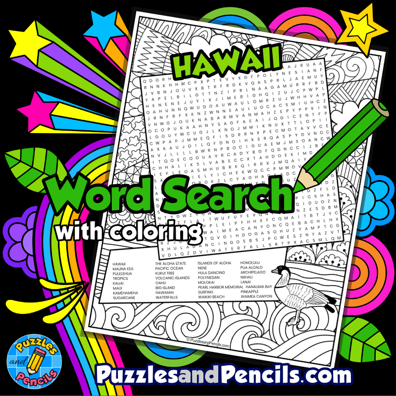 Hawaii Word Search Puzzle Activity Page with Coloring | US States ...