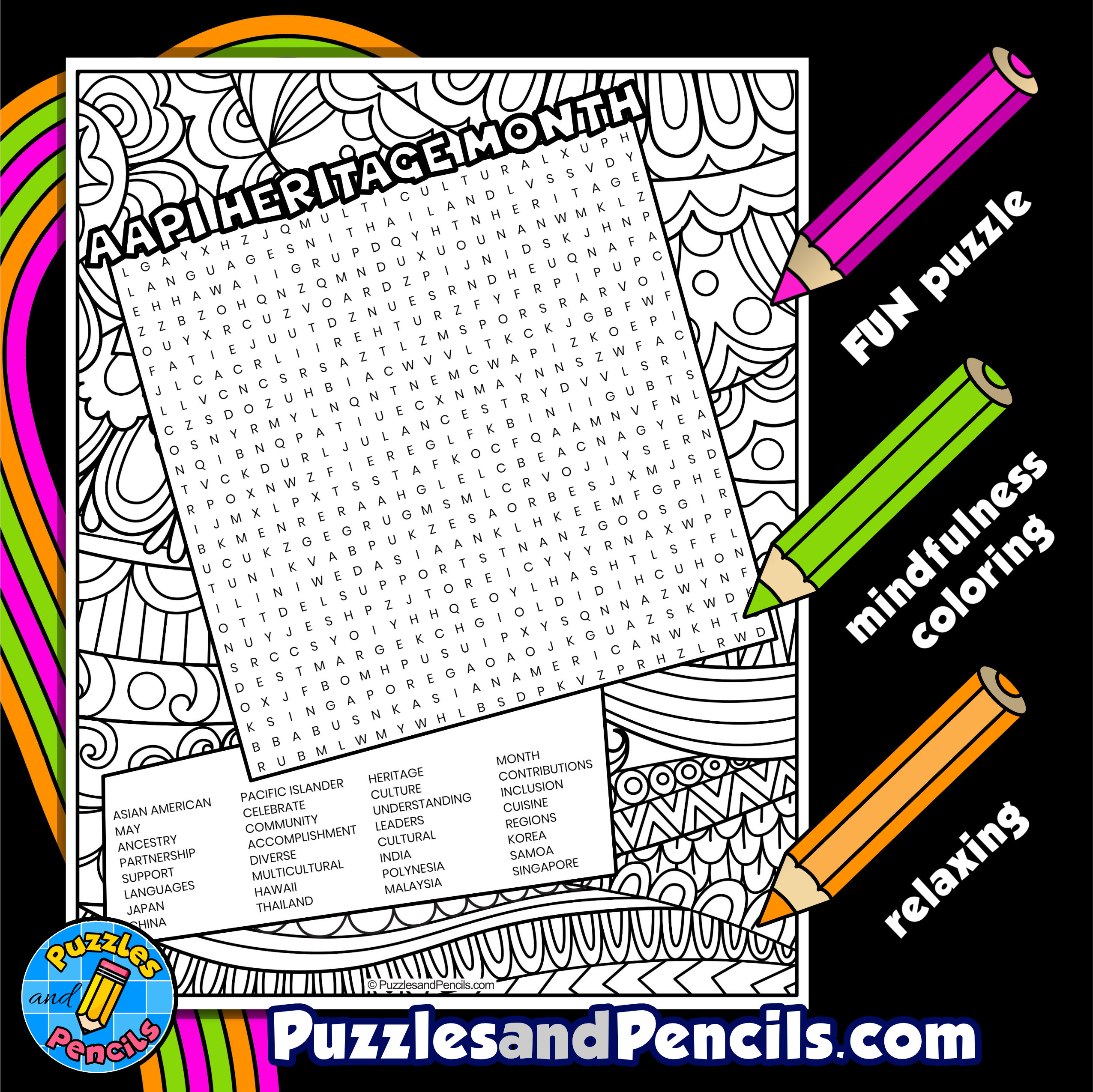 AAPI Heritage Month Word Search Puzzle Activity Page with Coloring ...