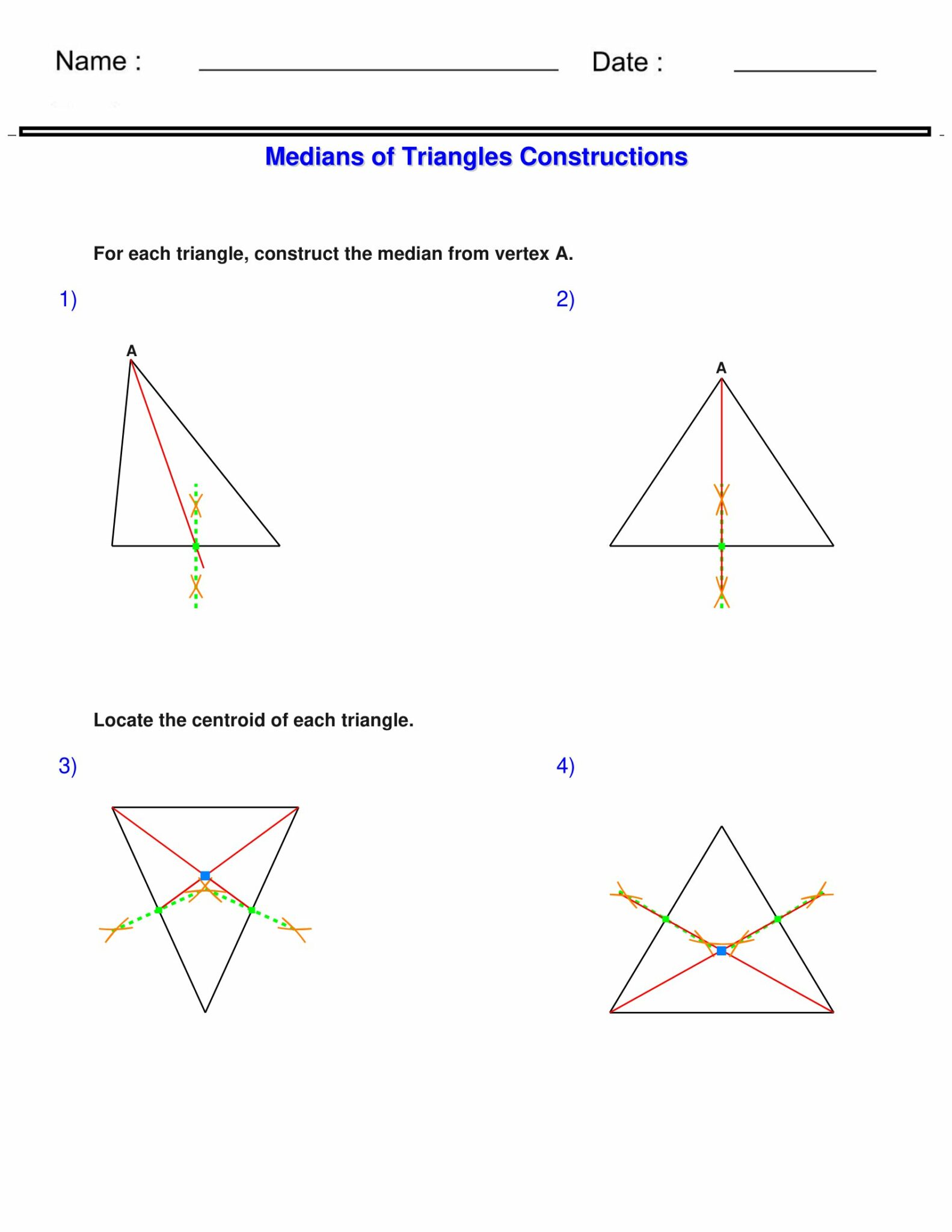 Construct the median - Medians of Triangles Construction Worksheets ...