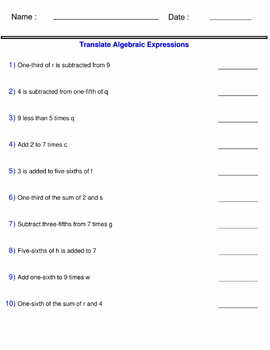 Edit Product: Translating Algebraic Expressions Practice Worksheet ...