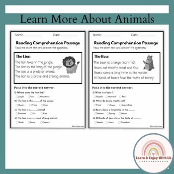 1st Grade Reading Comprehension Passages And Questions About Animals ...