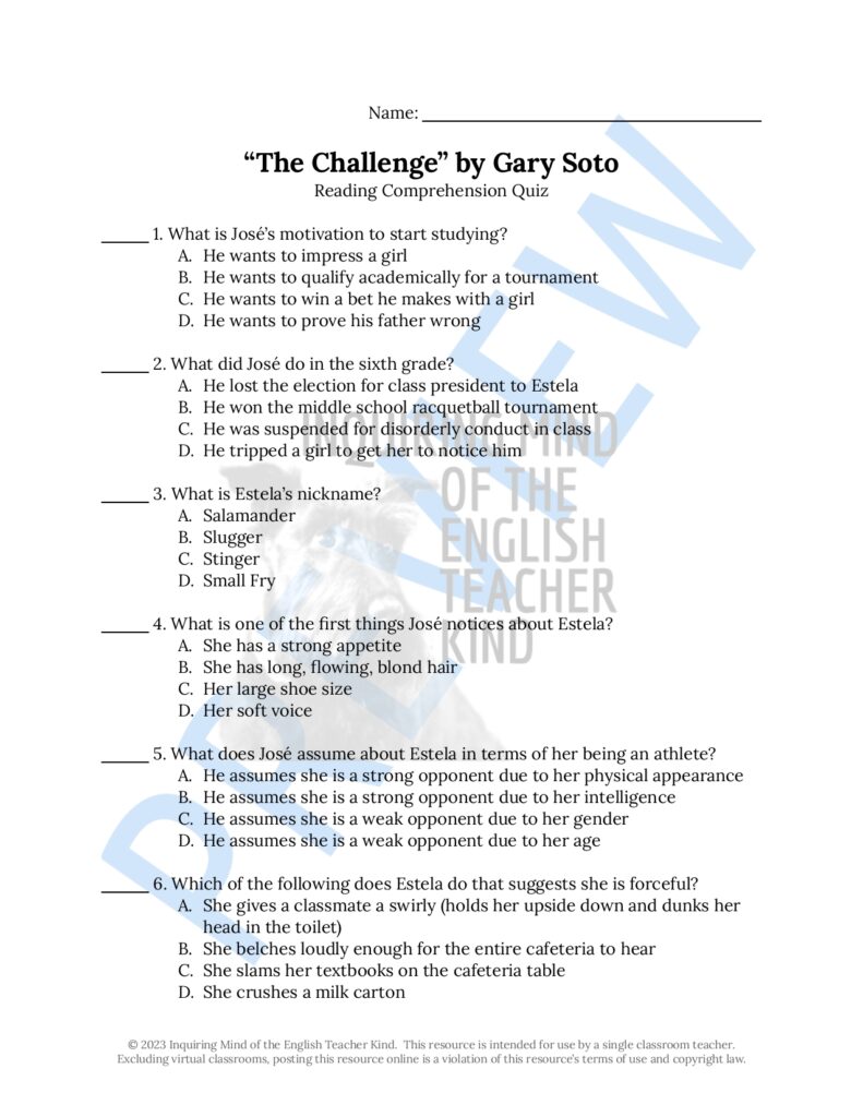 "The Challenge" by Gary Soto Quiz and Answer Key | Made By Teachers