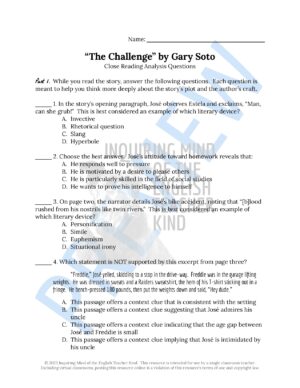 "The Challenge" by Gary Soto Close Reading Worksheet | Made By Teachers