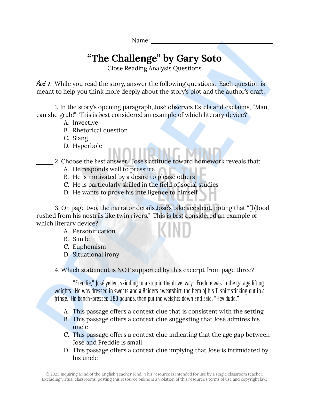 "The Challenge" by Gary Soto Close Reading Worksheet | Made By Teachers