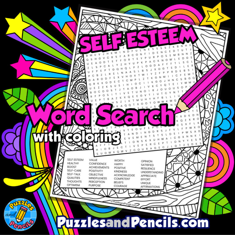 Self Esteem Word Search Puzzle Activity Page with Coloring | Health ...