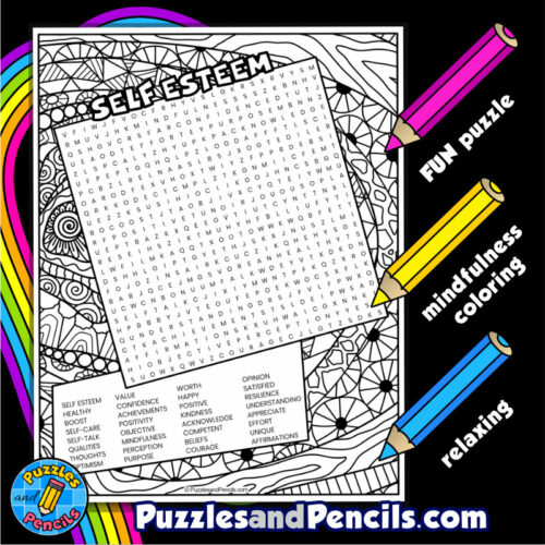 Self Esteem Word Search Puzzle Activity Page with Coloring | Health ...