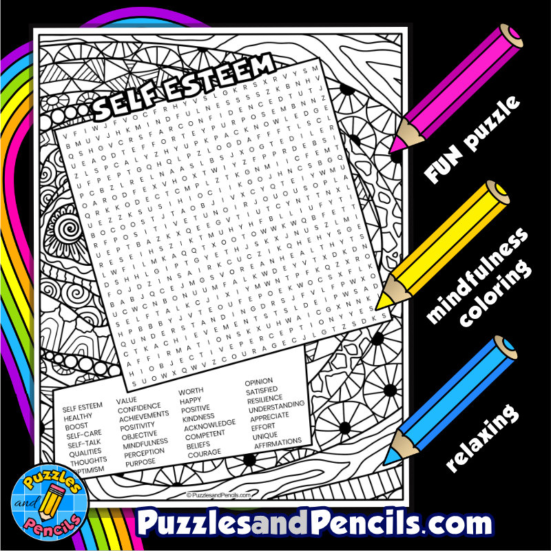 Self Esteem Word Search Puzzle Activity Page with Coloring | Health ...