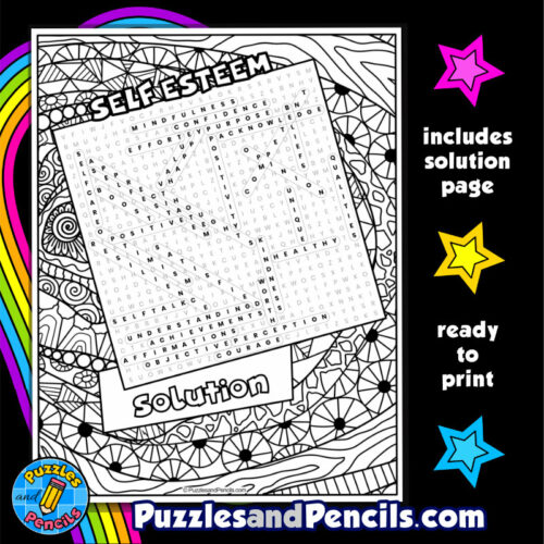 Self Esteem Word Search Puzzle Activity Page with Coloring | Health ...