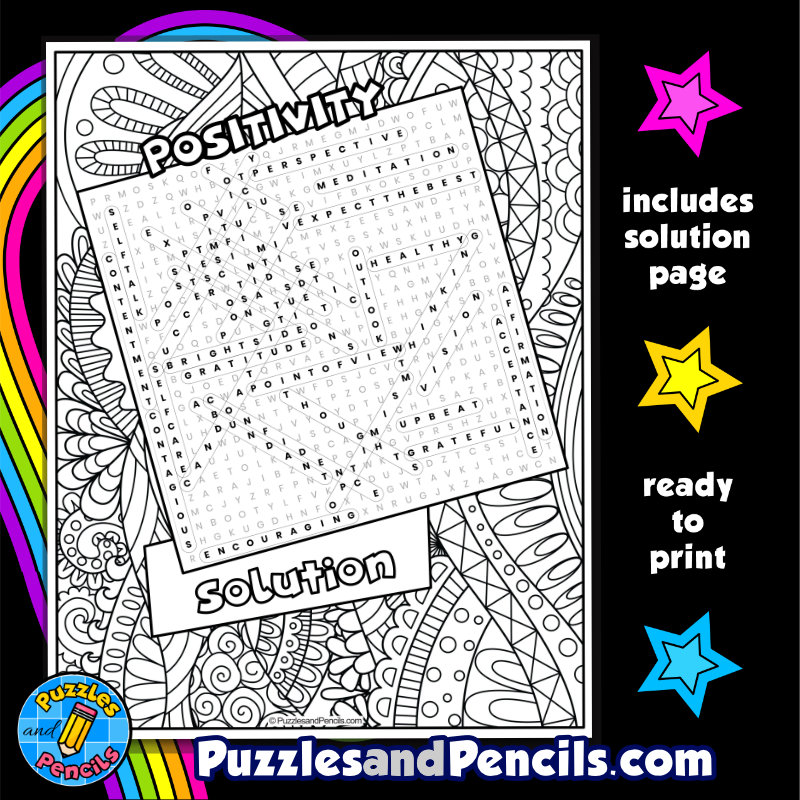 Positivity Word Search Puzzle Activity Page with Coloring | Health ...