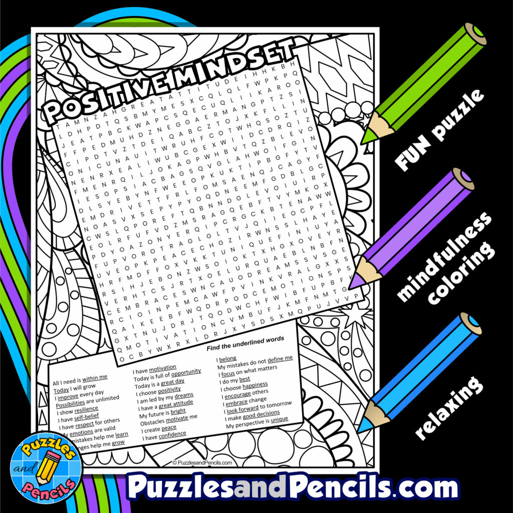 Positive Mindset Word Search Puzzle Activity Page with Coloring ...