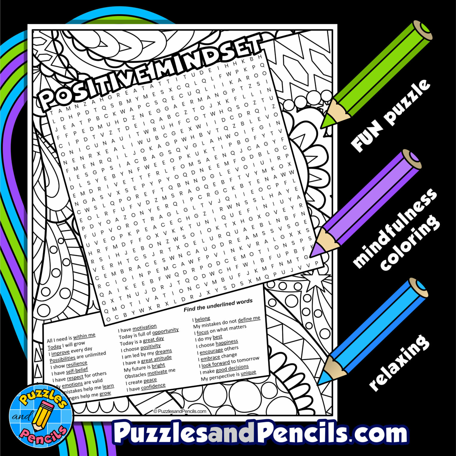 Positive Mindset Word Search Puzzle Activity Page with Coloring ...