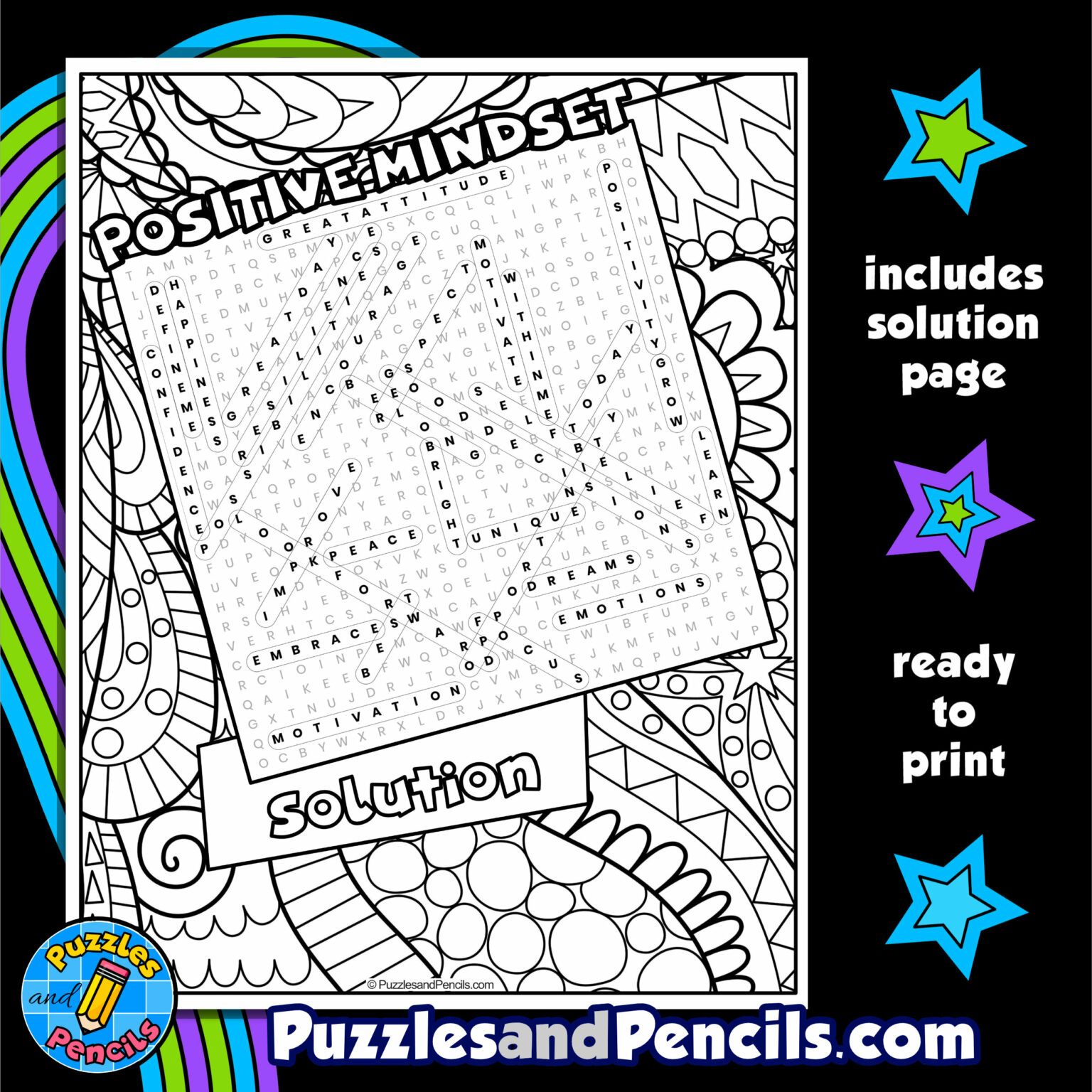 Positive Mindset Word Search Puzzle Activity Page with Coloring ...