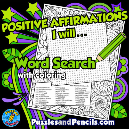 Positive Affirmations Word Search Puzzle Activity Page with Coloring ...