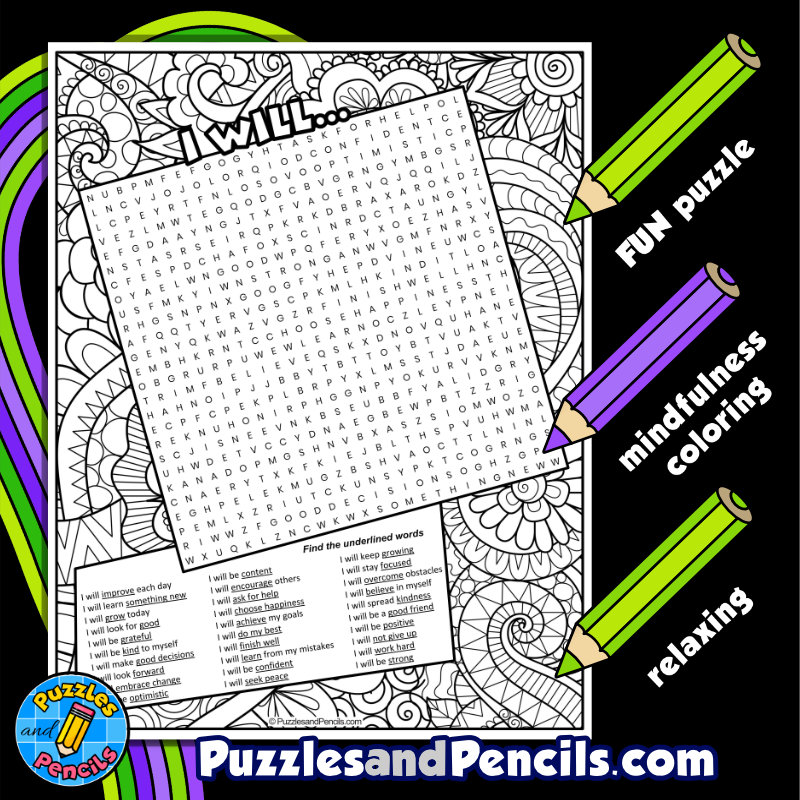 Positive Affirmations Word Search Puzzle Activity Page with Coloring ...