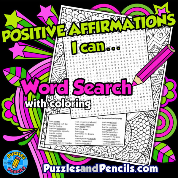 Positive Affirmations Word Search Puzzle Activity Page with Coloring ...