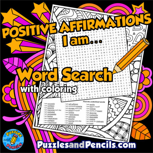Positive Affirmations Word Search Puzzle Activity Page with Coloring ...
