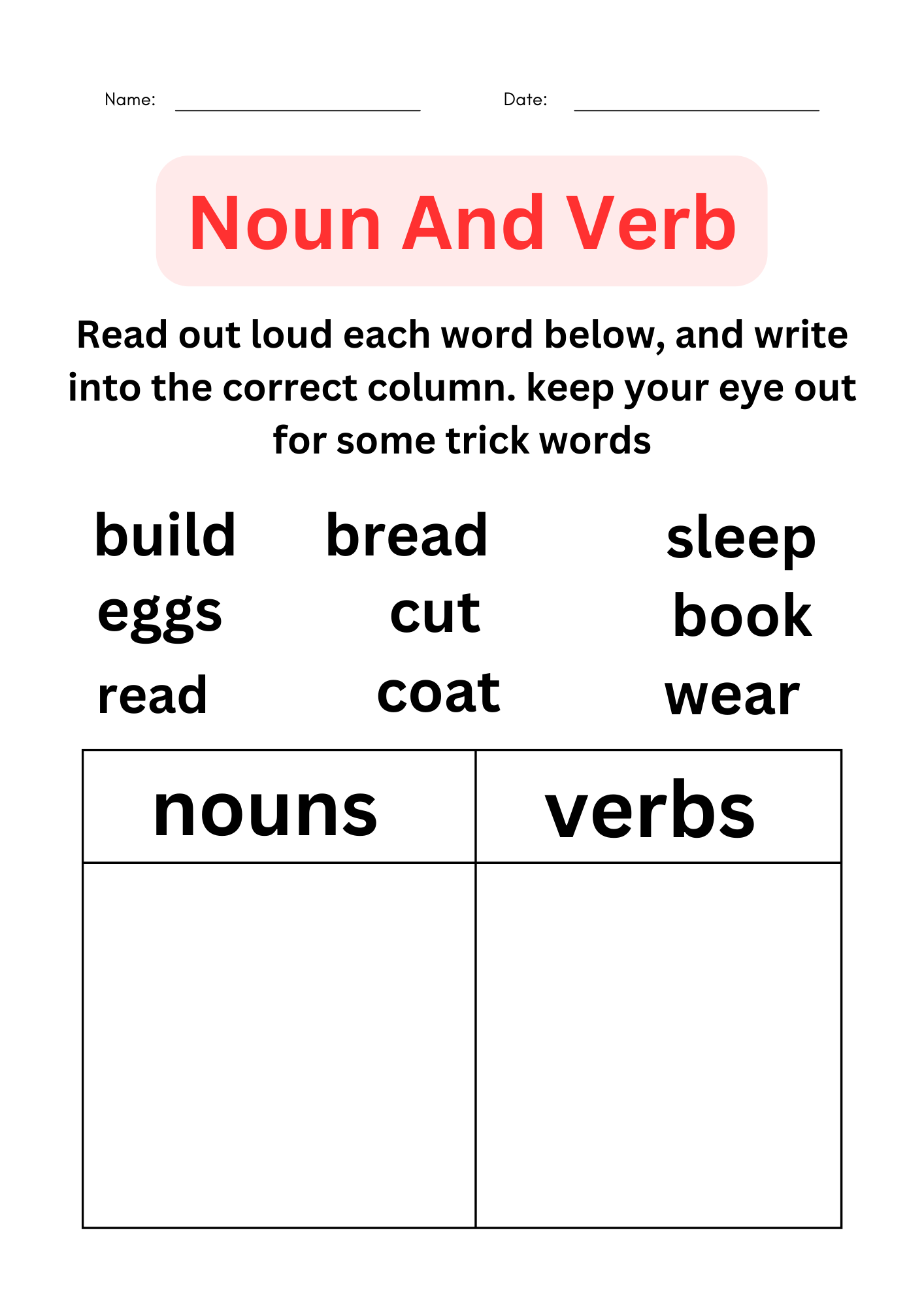 noun and verb worksheets for kindergarten | Made By Teachers