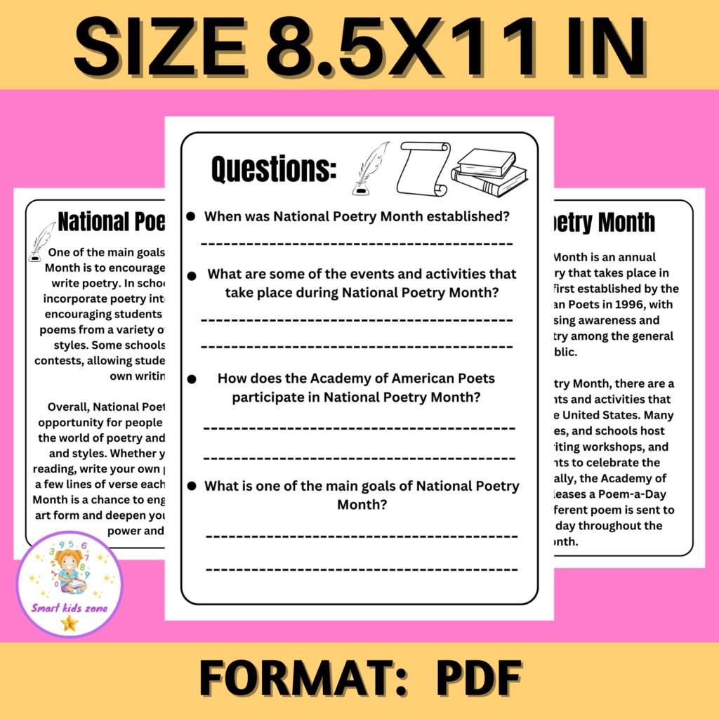 Printable National Poetry Month Reading Comprehension Passage | Made By ...