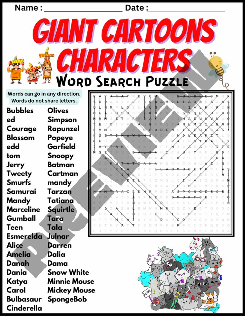 GIANT CARTOONS CHARACTERS Word Search Puzzle Worksheet Activity | Made ...
