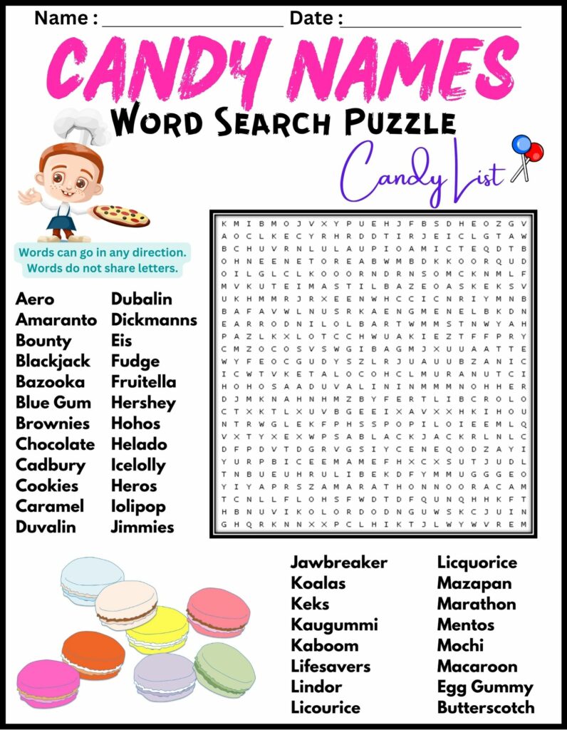 CANDY NAMES Word Search Puzzle Worksheet Activity - Candy List | Made ...