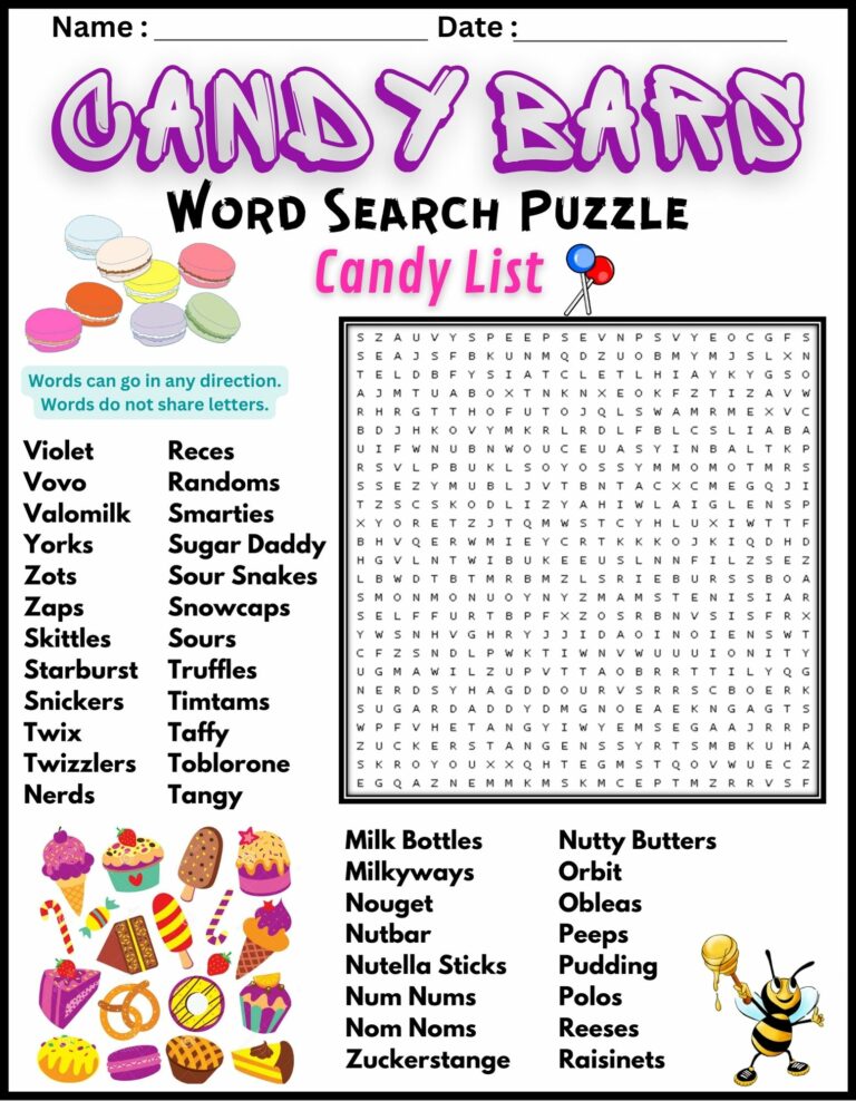CANDY BARS Word Search Puzzle Worksheet Activity - Candy List | Made By ...
