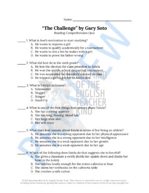 "The Challenge" by Gary Soto Quiz and Close Reading Bundle | Made By ...