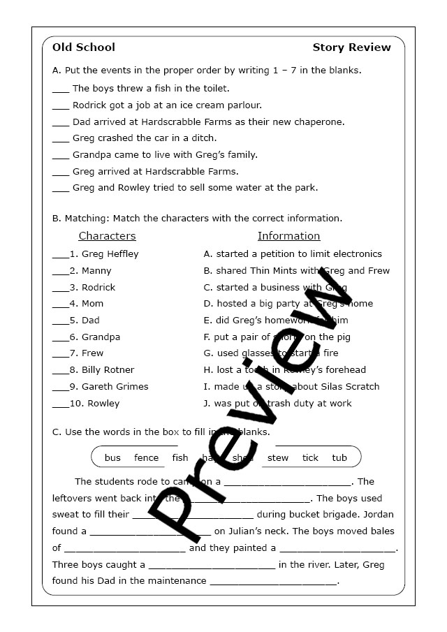 Jeff Kinney "Old School" worksheets | Made By Teachers