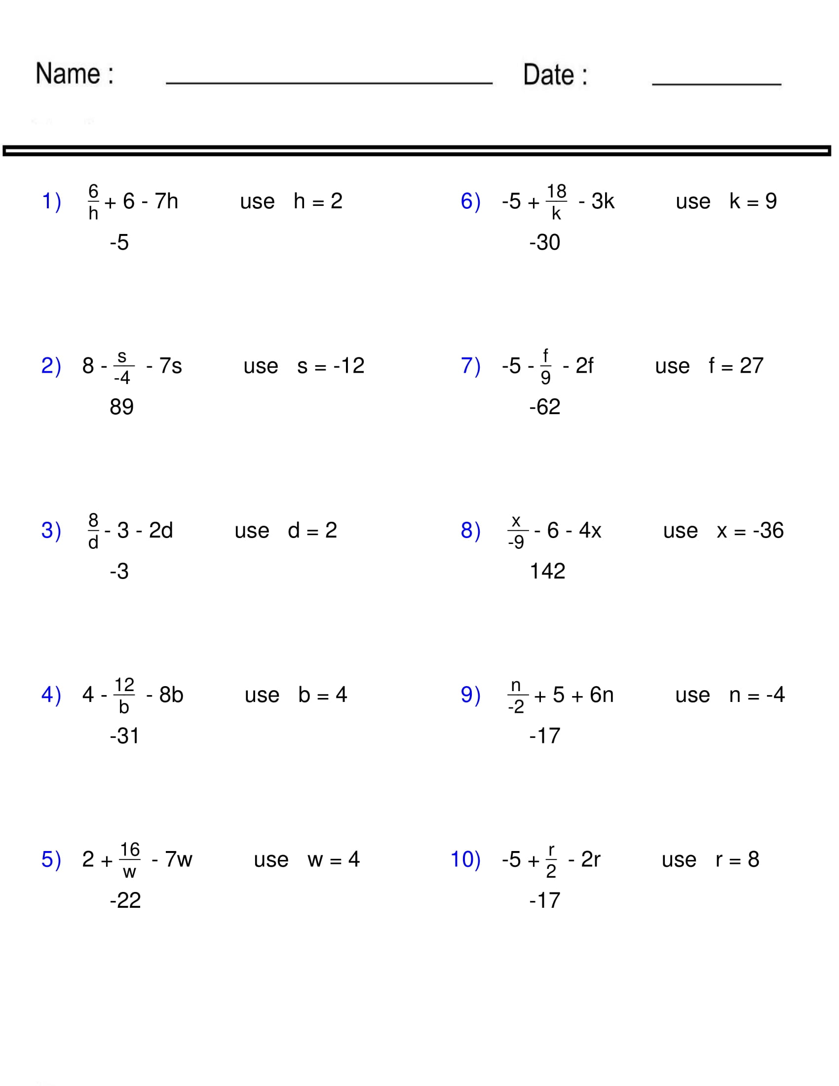 Evaluating Expressions one vriable - Algebraic Expressions - Learning ...