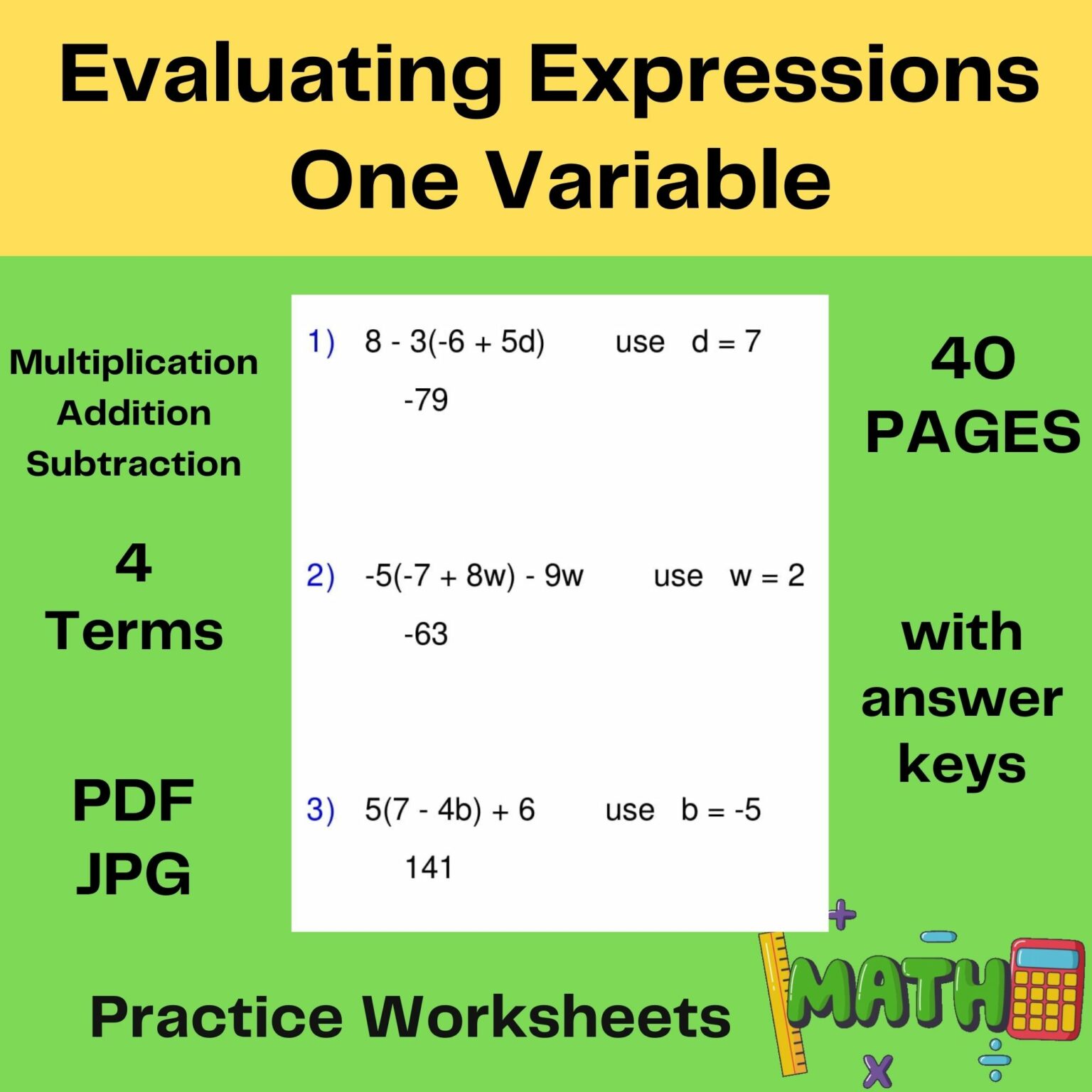 Evaluating Algebraic Expressions Worksheet - one variable - Pre-Algebra ...