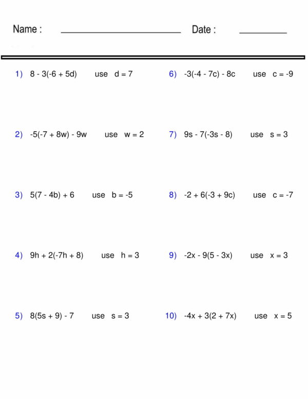 Evaluating Algebraic Expressions Worksheet - one variable - Pre-Algebra ...