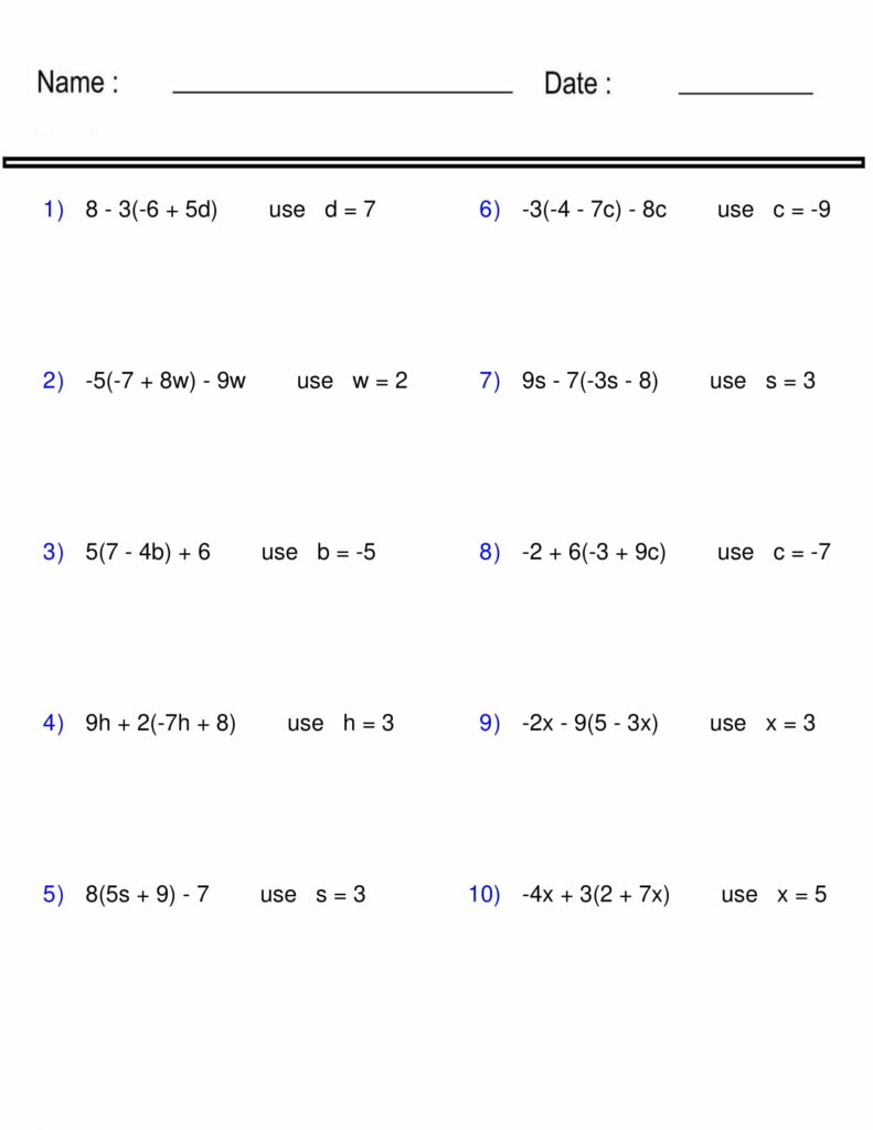 Evaluating Algebraic Expressions Worksheet - one variable - Pre-Algebra ...