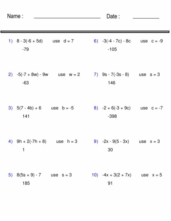 Evaluating Algebraic Expressions Worksheet - one variable - Pre-Algebra ...