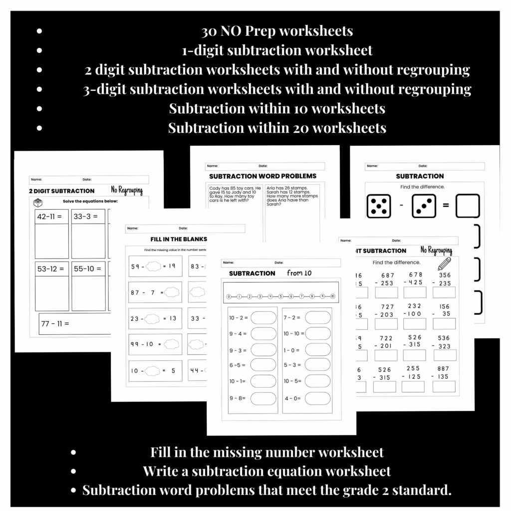 Subtraction Worksheets With and Without Regrouping for Grade 2 | Made ...