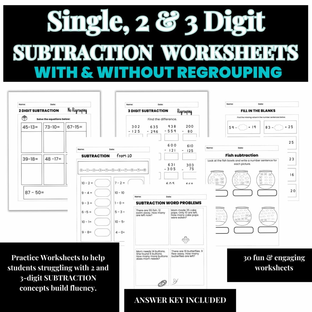 Subtraction Worksheets With and Without Regrouping for Grade 2 | Made ...