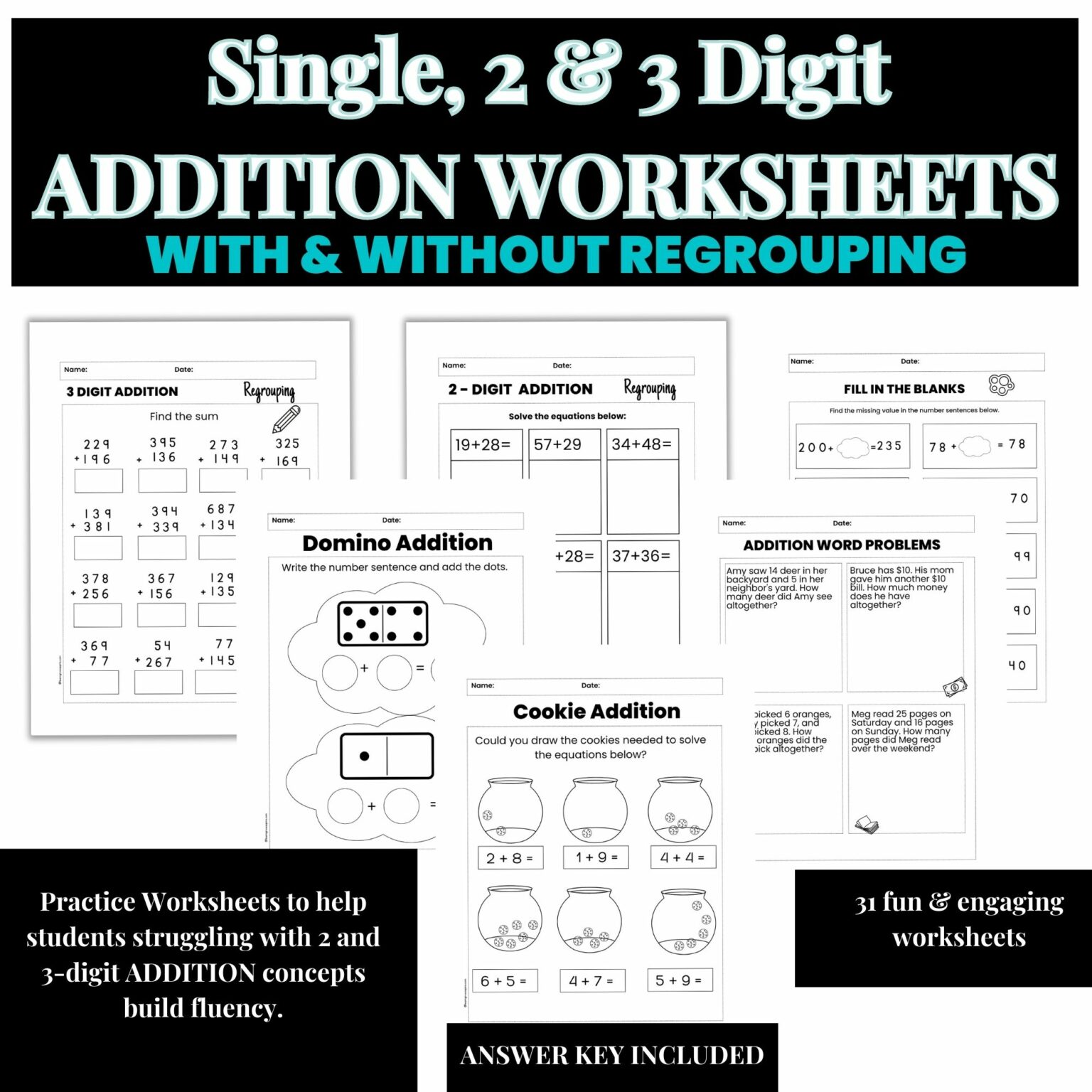 Addition Worksheets with Single, 2 Digit and 3 Digit Numbers, Answer ...